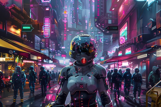 Cyberpunk miejska ulica w nocy z neonowymi światłami i futurystyczną ... Cyberpunk miejska ulica w nocy z neonowymi światłami i futurystyczną ...