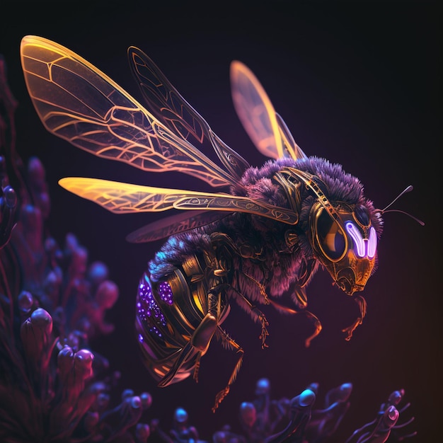 Una abeja con alas moradas y alas moradas y amarillas. | Foto Premium Una abeja con alas moradas y alas moradas y amarillas. | Foto Premium