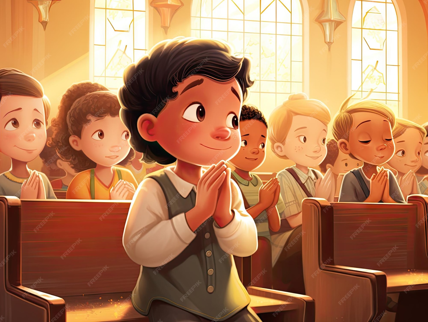 Bela cena na igreja de crianças rezando a eucaristia em massa, arte ... Bela cena na igreja de crianças rezando a eucaristia em massa, arte ...