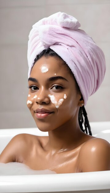 Bella Joven Afroamericana Teniendo Un Baño Profundo Y Saludable En Una Bañera Foto Premium