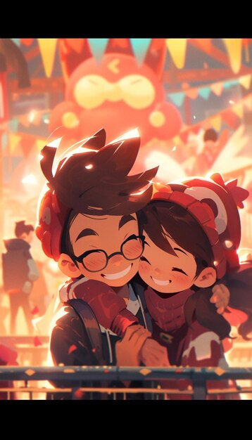 Casal de anime se abraçando na frente de um carnaval generativo ai ... Casal de anime se abraçando na frente de um carnaval generativo ai ...