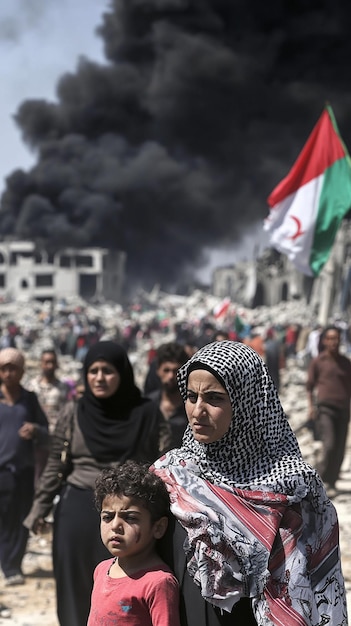 Contra um fundo de fumaça preta espessa, a bandeira palestina ondula ... Contra um fundo de fumaça preta espessa, a bandeira palestina ondula ...