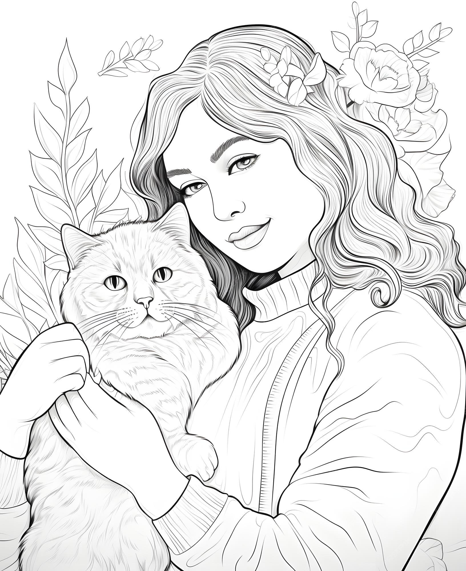 Desenho De Mulher Gordinha Acariciando Um Gato Para Colorir Para Adultos Fundo Branco Arte De