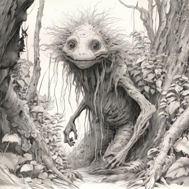 Un dibujo de una criatura extraña con un árbol en el fondo. | Foto Premium Un dibujo de una criatura extraña con un árbol en el fondo. | Foto Premium
