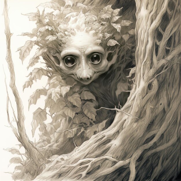 Un dibujo de una criatura extraña con un árbol en el fondo. | Foto Premium Un dibujo de una criatura extraña con un árbol en el fondo. | Foto Premium