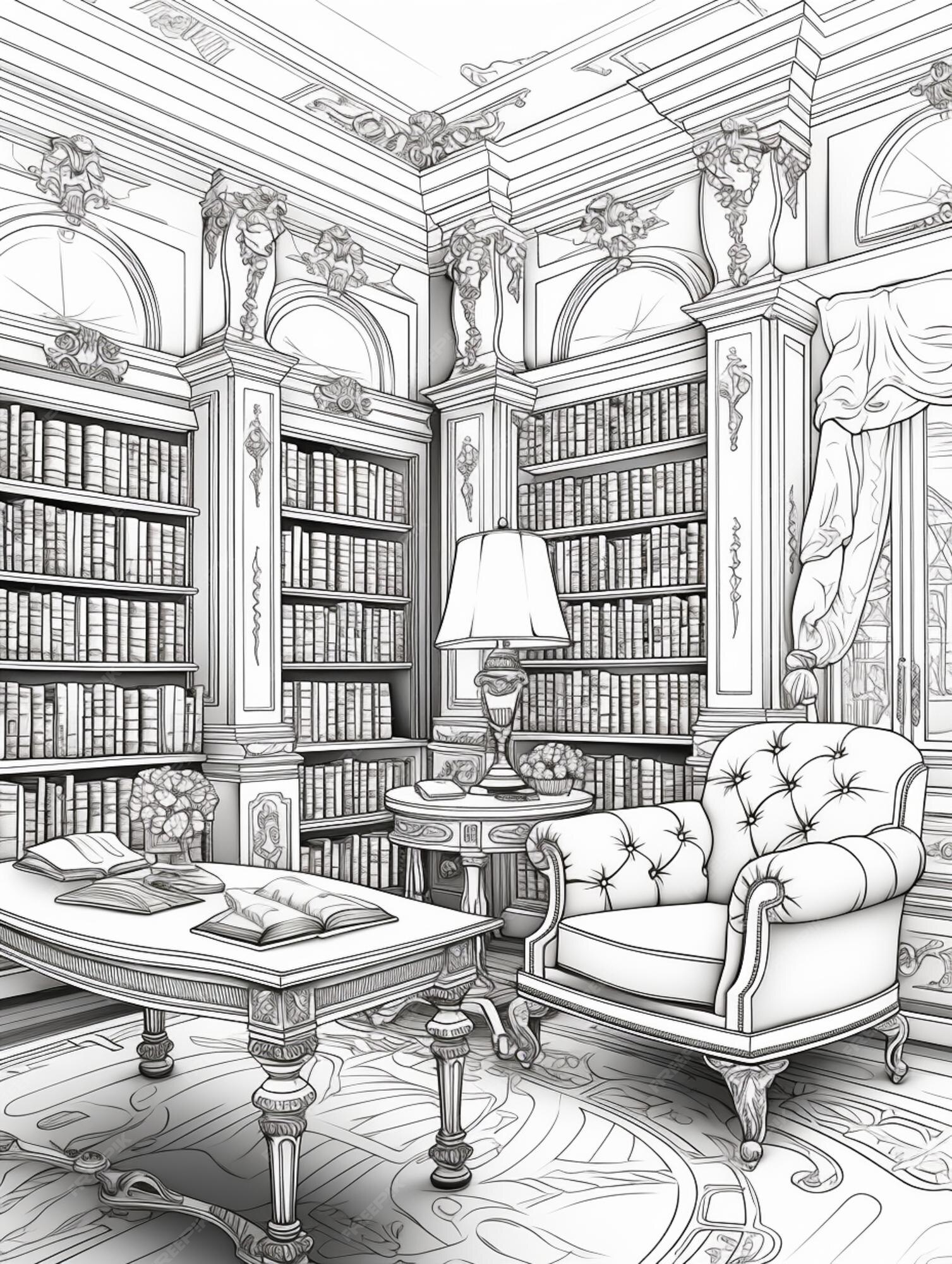Un Dibujo De Un Dibujo De Una Biblioteca Con Un Sofá Y Una Mesa Generativa Ai Foto Premium
