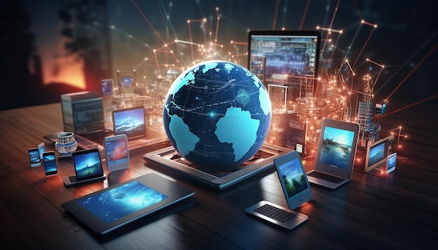 Dispositivos e iconos tecnológicos conectados al planeta tierra digital ... Dispositivos e iconos tecnológicos conectados al planeta tierra digital ...