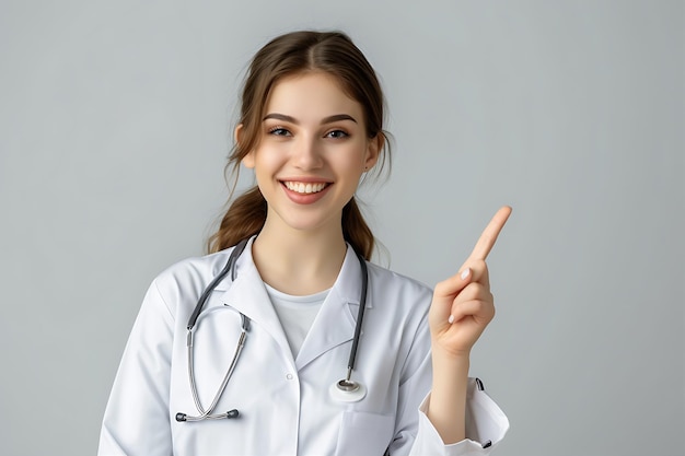 La doctora alegremente señalando con el dedo | Foto Premium La doctora alegremente señalando con el dedo | Foto Premium