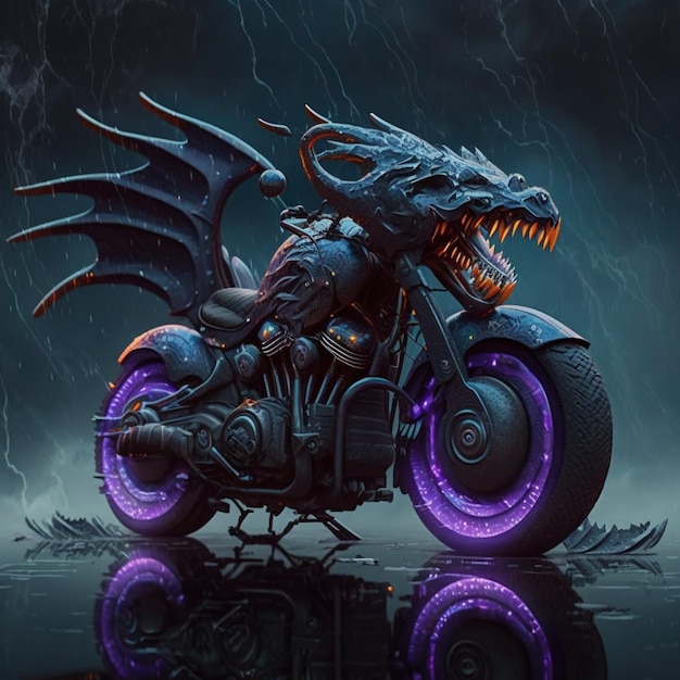 Un dragón en una motocicleta con alas moradas y alas moradas. | Foto ... Un dragón en una motocicleta con alas moradas y alas moradas. | Foto ...