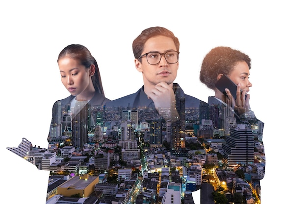 Dupla exposição de três jovens empresários bem sucedidos homem e mulher ... Dupla exposição de três jovens empresários bem sucedidos homem e mulher ...