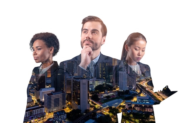 Dupla exposição de três jovens empresários de sucesso homem e mulher em ... Dupla exposição de três jovens empresários de sucesso homem e mulher em ...