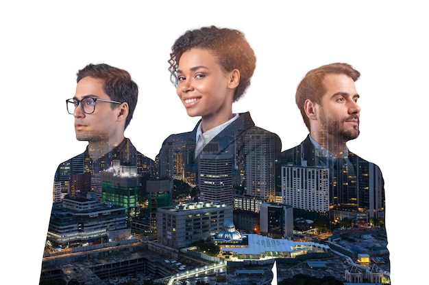 Dupla exposição de três jovens empresários de sucesso homem e mulher em ... Dupla exposição de três jovens empresários de sucesso homem e mulher em ...