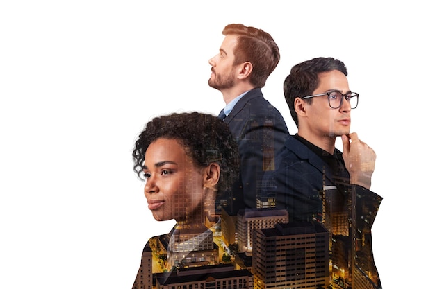 Dupla exposição de três jovens empresários de sucesso homem e mulher em ... Dupla exposição de três jovens empresários de sucesso homem e mulher em ...
