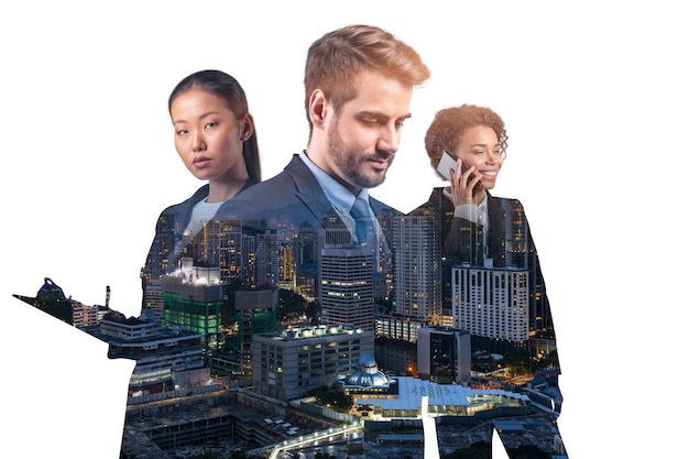 Dupla exposição de três jovens empresários de sucesso homem e mulher em ... Dupla exposição de três jovens empresários de sucesso homem e mulher em ...