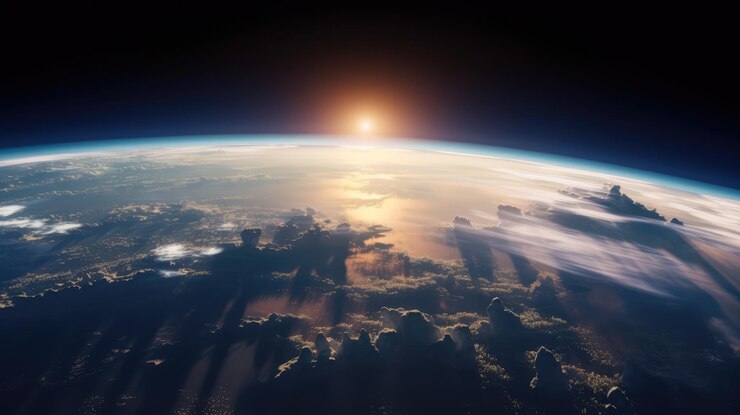 Ein Blick auf die Erde aus dem Weltraum mit der Sonne am Horizont ... Ein Blick auf die Erde aus dem Weltraum mit der Sonne am Horizont ...