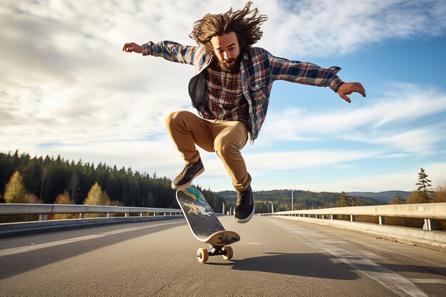 Ein kaukasischer mann macht tricks oder springt auf einem skateboard ... Ein kaukasischer mann macht tricks oder springt auf einem skateboard ...