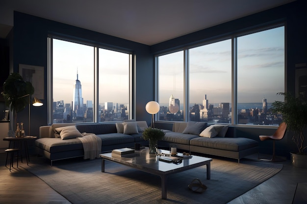 Ein wohnzimmer mit blick auf die skyline der stadt. | Premium-Foto Ein wohnzimmer mit blick auf die skyline der stadt. | Premium-Foto