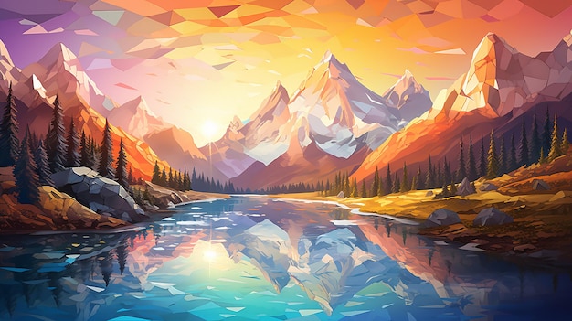 Eine Low-Poly-Art-Landschaft kristalline Berge und Täler, die das Licht ... Eine Low-Poly-Art-Landschaft kristalline Berge und Täler, die das Licht ...
