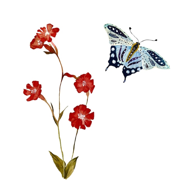 Esboço texturizado flor borboleta vermelha azul. uma ilustração em ... Esboço texturizado flor borboleta vermelha azul. uma ilustração em ...
