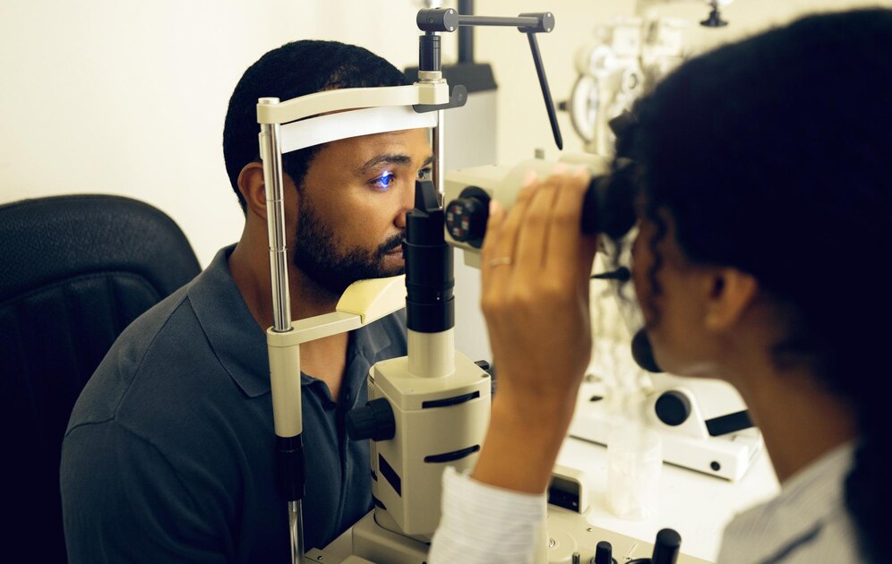 Examen Ocular Masculino Y Optometría Para Consulta Médica Y Sanitaria