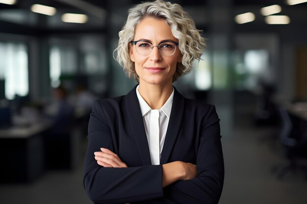 Feliz mujer de negocios de mediana edad ceo de pie en la oficina con ... Feliz mujer de negocios de mediana edad ceo de pie en la oficina con ...