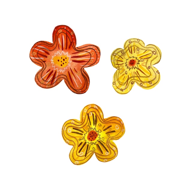 Flor vermelho amarelo conjunto texturizado esboço simples. Uma ... Flor vermelho amarelo conjunto texturizado esboço simples. Uma ...