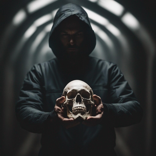 Foto de homem segurando uma caveira no escuro e olhando para ela papel ... Foto de homem segurando uma caveira no escuro e olhando para ela papel ...