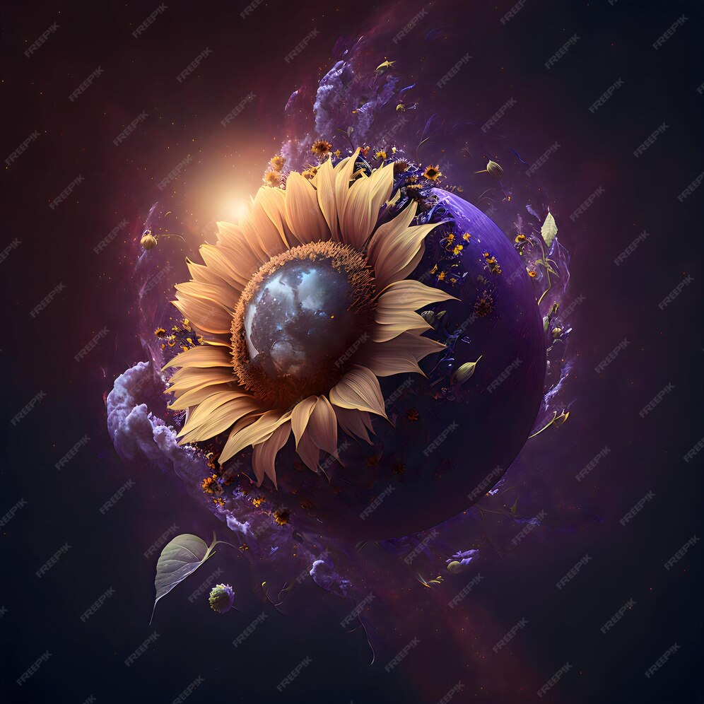 Un girasol está en un planeta morado con un fondo morado. | Foto Premium Un girasol está en un planeta morado con un fondo morado. | Foto Premium