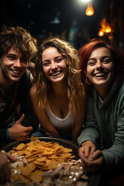 Grupo De Amigos Divirtiéndose En Una Fiesta Brillante Comiendo Papas Fritas De Una Bolsa De