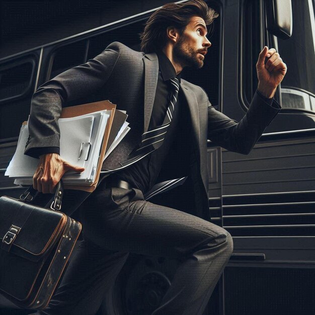 Homem de fato segurando arquivos enquanto corre para pegar ônibus ... Homem de fato segurando arquivos enquanto corre para pegar ônibus ...