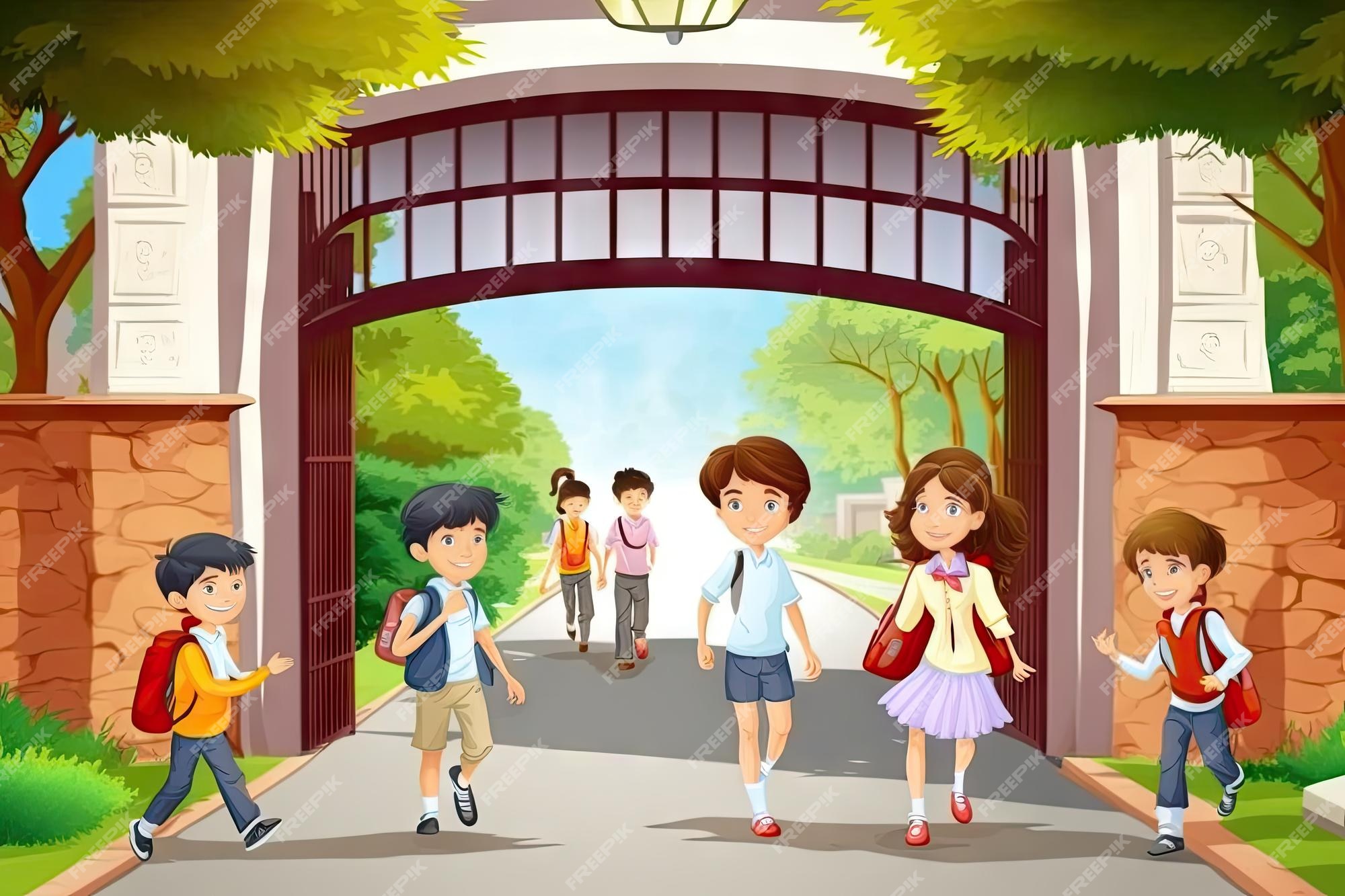 Ilustración De Dibujos Animados De Niños Entrando Al Patio De La