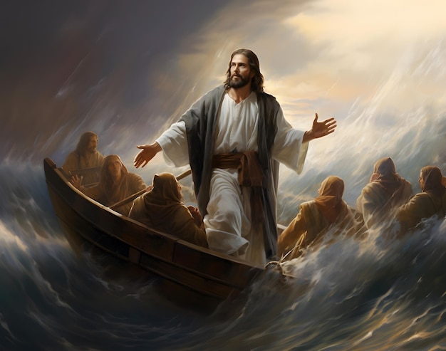 Jesus cristo no barco acalma a tempestade no mar | Foto Premium Jesus cristo no barco acalma a tempestade no mar | Foto Premium
