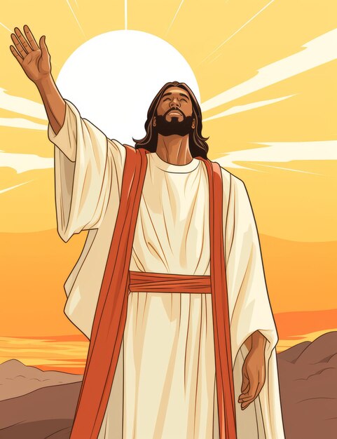 Jesús Está De Pie Frente Al Sol Con Los Brazos Extendidos Foto Premium