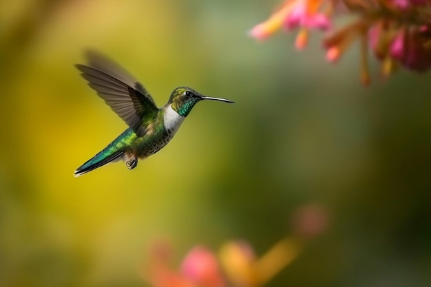 Kolibri im Flug mit bunt schillerndem Gefieder und verschwommener ... Kolibri im Flug mit bunt schillerndem Gefieder und verschwommener ...