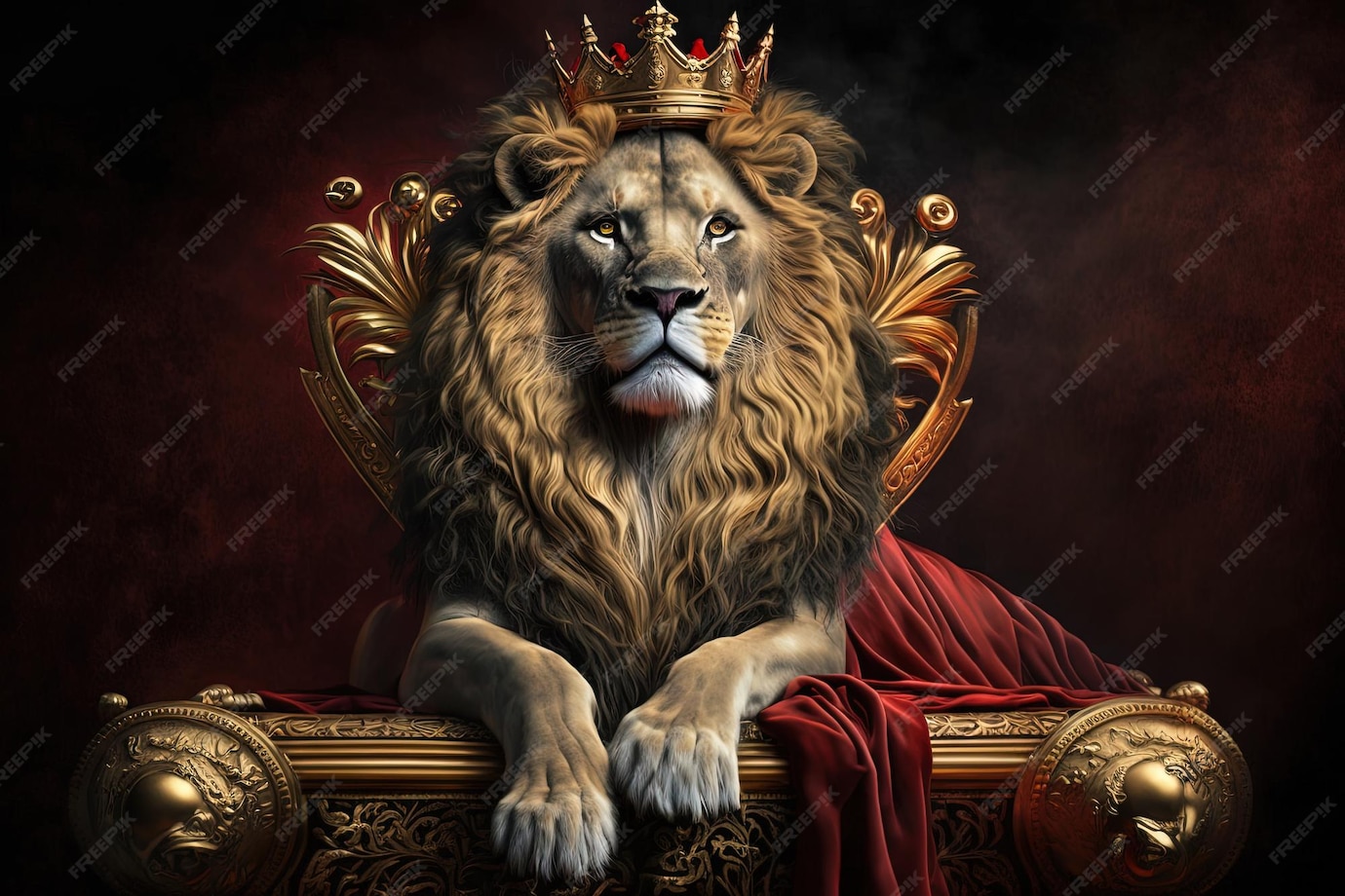 Leão real usando uma coroa de ouro e manto vermelho sentado em um trono ... Leão real usando uma coroa de ouro e manto vermelho sentado em um trono ...