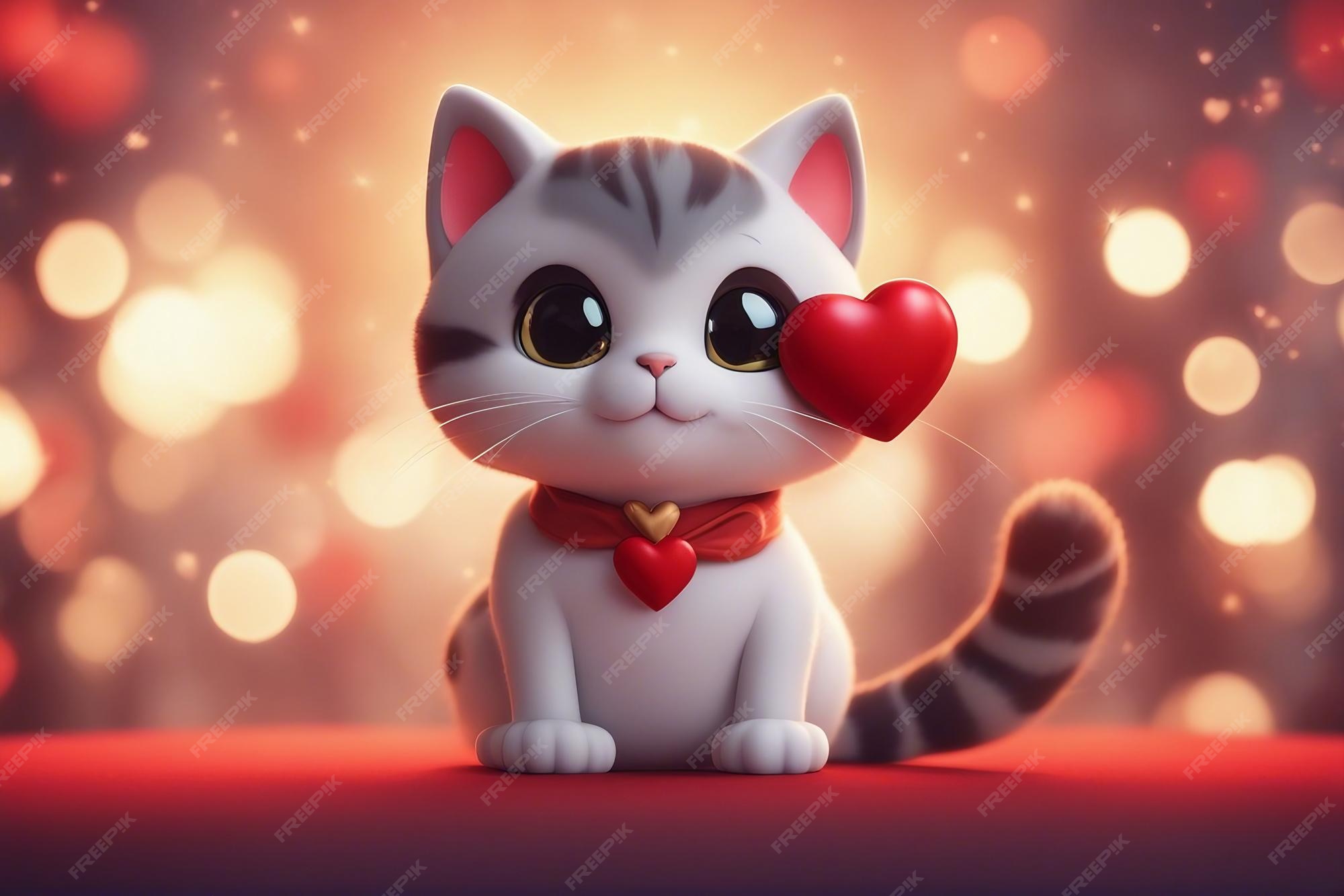 Lindo Gatito Gato De Dibujos Animados Sosteniendo Un Corazón Rojo Foto Premium