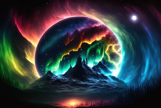 Luna brillante con aurora boreal en el fondo del cielo estrellado ... Luna brillante con aurora boreal en el fondo del cielo estrellado ...