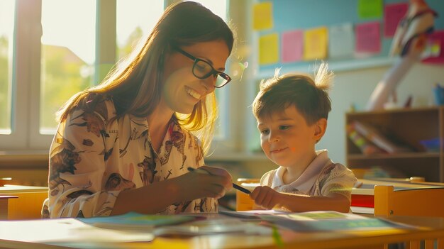 Maestra Bonita Ayudando A Un Alumno En El Aula De La Escuela Primaria Ia Generativa Foto Premium