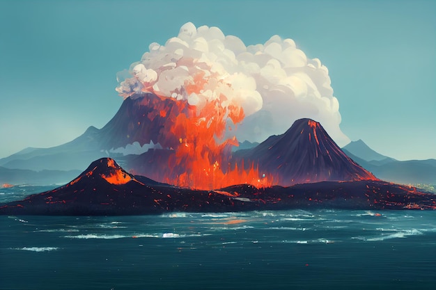 Massiver Vulkanausbruch Ein großer Vulkan, der heiße Lava und Gase in ... Massiver Vulkanausbruch Ein großer Vulkan, der heiße Lava und Gase in ...
