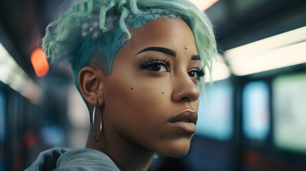 Una mujer de pelo azul y un piercing en la cara. | Foto Premium Una mujer de pelo azul y un piercing en la cara. | Foto Premium