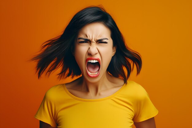 Mulher asiática jovem e adulta zangada gritando em fundo amarelo rede ... Mulher asiática jovem e adulta zangada gritando em fundo amarelo rede ...