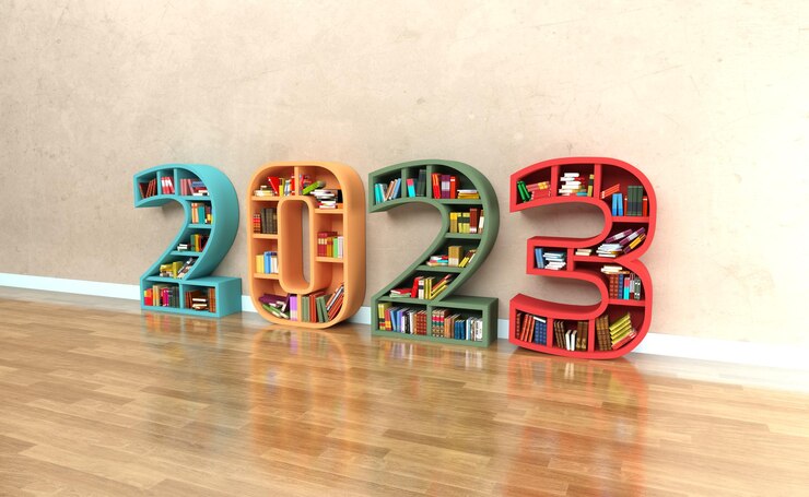 Neues Jahr 2023 kreatives Designkonzept mit Bücherregal - gerendertes ... Neues Jahr 2023 kreatives Designkonzept mit Bücherregal - gerendertes ...