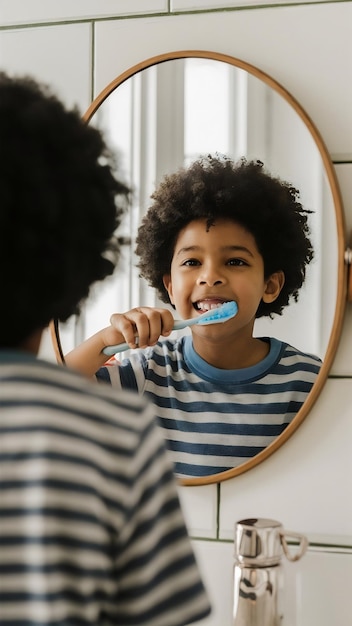 Un niño cepillándose los dientes frente a un espejo. | Imagen Premium ... Un niño cepillándose los dientes frente a un espejo. | Imagen Premium ...