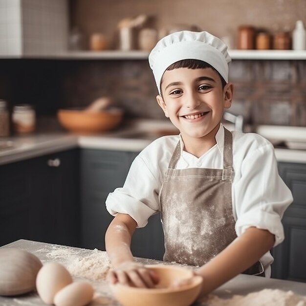 Un Niño Con Gorro De Chef Está Haciendo Una Masa Foto Premium