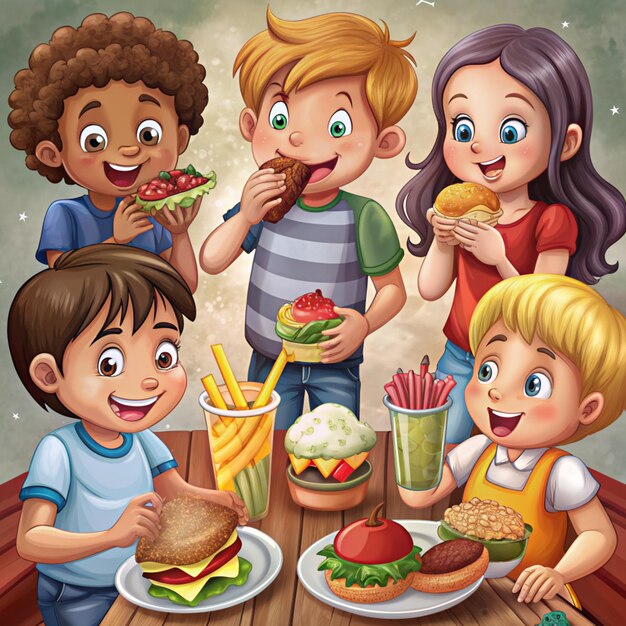 Niños Y Niñas Comiendo Comida Niño Comiendo Pizza Patatas Fritas Niña
