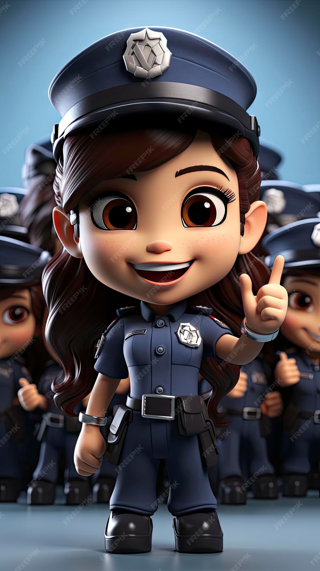 Oficial de policía animado y alegre con un gesto de señalamiento en un ... Oficial de policía animado y alegre con un gesto de señalamiento en un ...