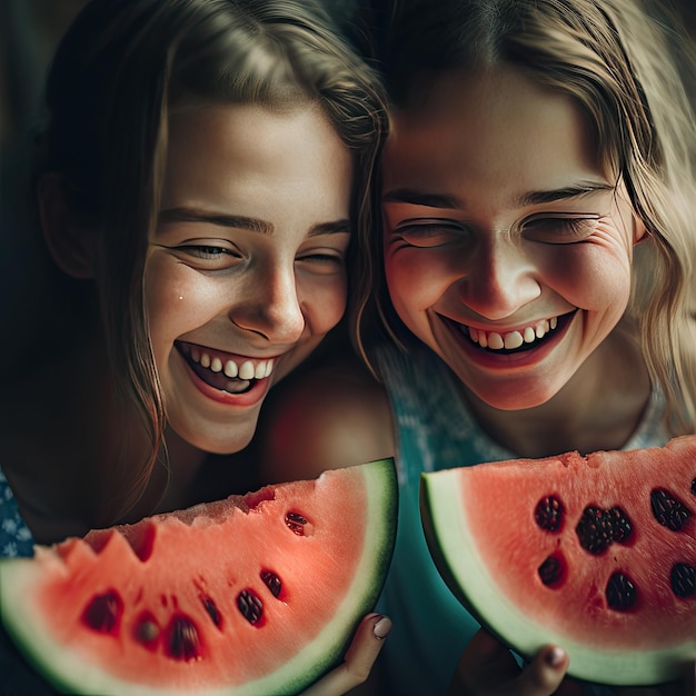 Perder el retrato de dos niñas disfrutando de una sandía amigas ... Perder el retrato de dos niñas disfrutando de una sandía amigas ...