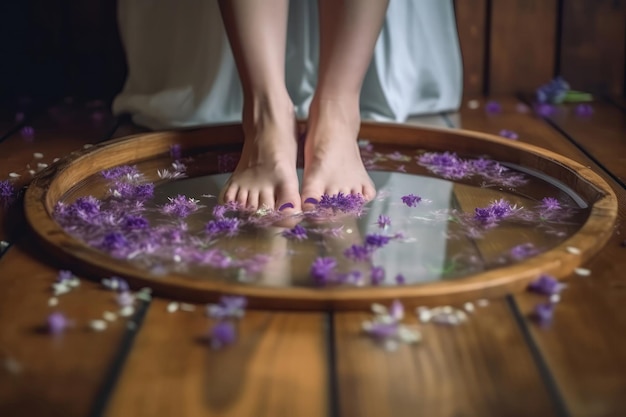 Pies De Mujer En Tratamiento De Spa Pies En Un Hermoso Tazón De Agua Y Flores Púrpuras Piso De