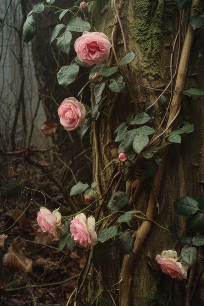 Rosas rosas en el árbol en el estilo de las imágenes del bosque ... Rosas rosas en el árbol en el estilo de las imágenes del bosque ...
