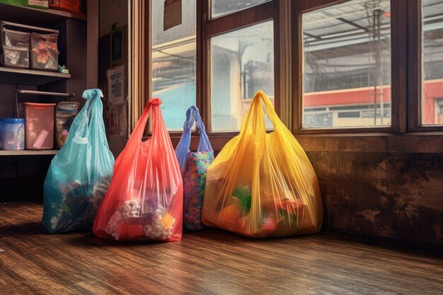 Sacos de compras reutilizáveis ao lado de plásticos criados com ia ... Sacos de compras reutilizáveis ao lado de plásticos criados com ia ...